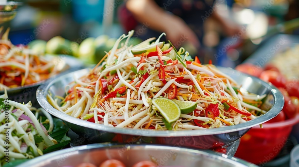 Authentic som tam salad served in a street food market, showcasing the ...