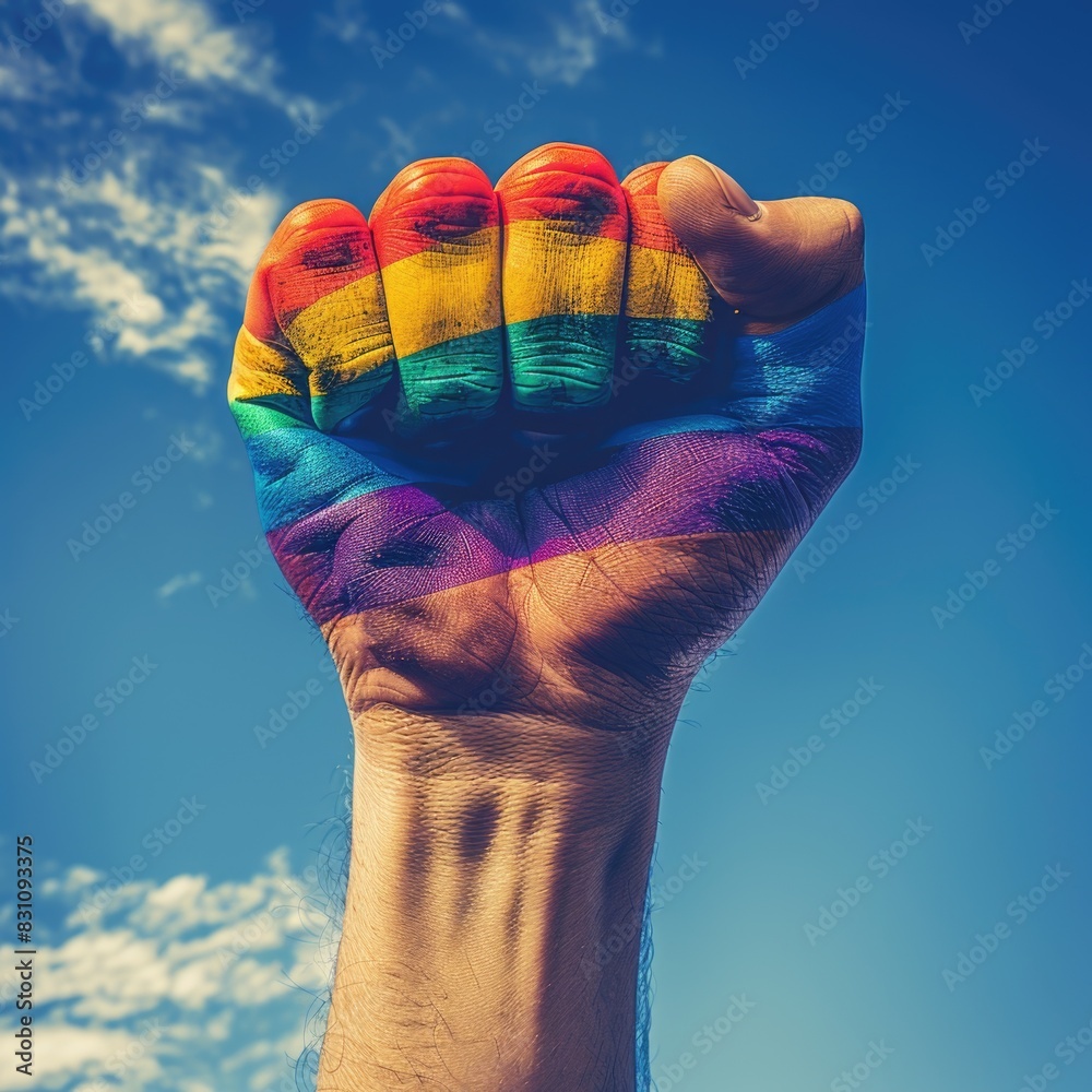 Fist colored with the pride flag in front of sky and clouds Stock Photo ...