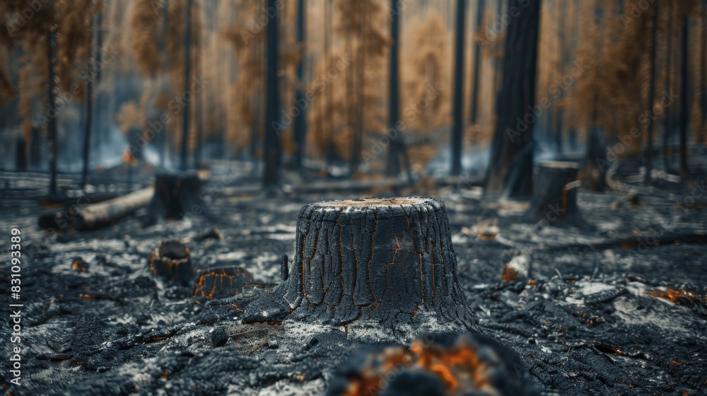 Burned tree stumps and ash-covered ground in a forest fire aftermath ...