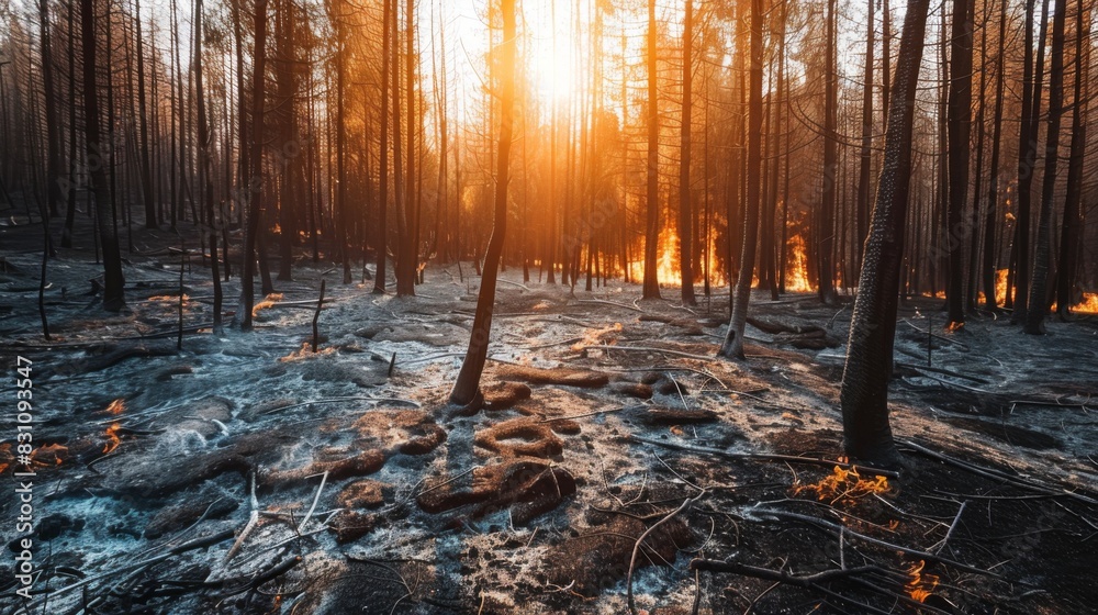 Burnt landscape and charred trees in a forest fire aftermath ...