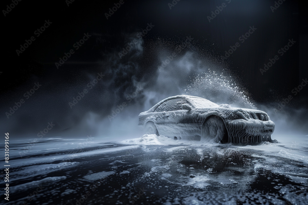 Luxury Car Close-Up with Soap Suds and Water Splash at Car Wash, Dark ...