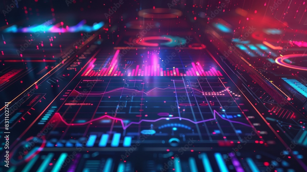 Futuristic digital data visualization background featuring glowing graphs, charts, and ...