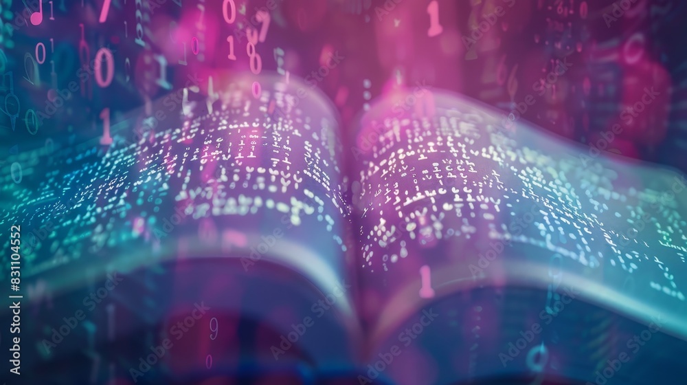 Open book with floating digital coded numbers, representing the merge ...