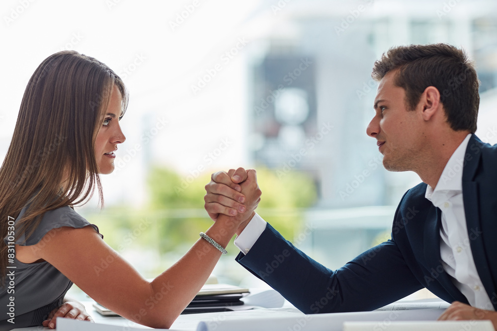 Office, business people and arm wrestle for challenge, competition and ...