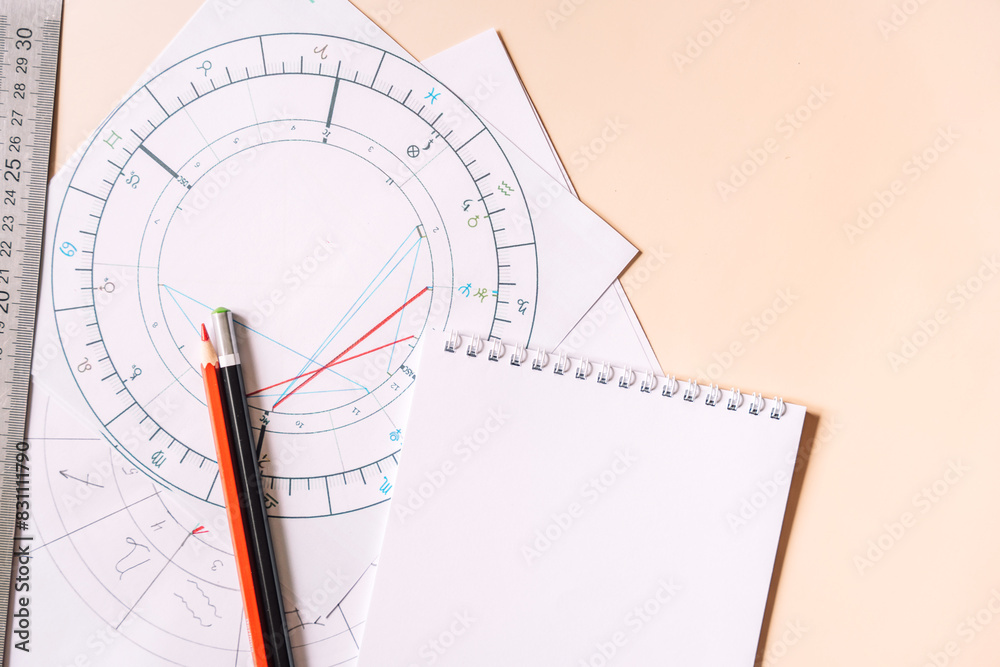 Natal chart on white paper with pencils and ruler on a beige background ...