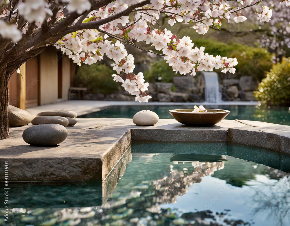 Japanese spa garden with cherry blossoms in full bloom and an elegant ...