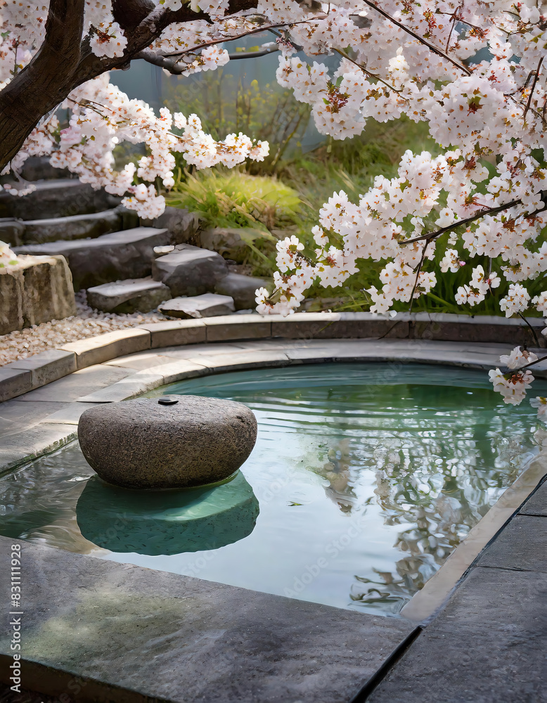 Japanese spa garden with cherry blossoms in full bloom and an elegant ...