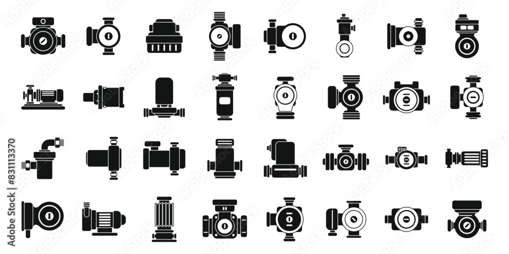 Water Circulation Pump Icons Set Vector A Collection Of Black And White Icons Of Various
