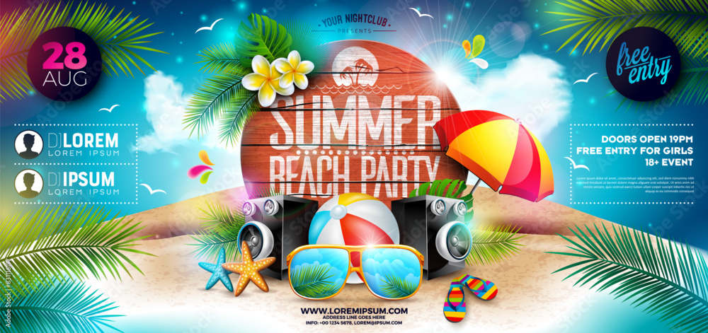 Summer Beach Party Banner Flyer Design with Sunglasses and Beach Ball ...