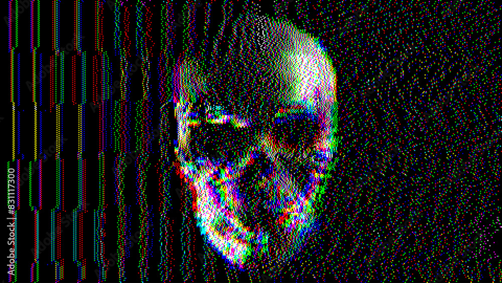 Glitched CCTV Noise White Line Skull. Black and White Skull with ...