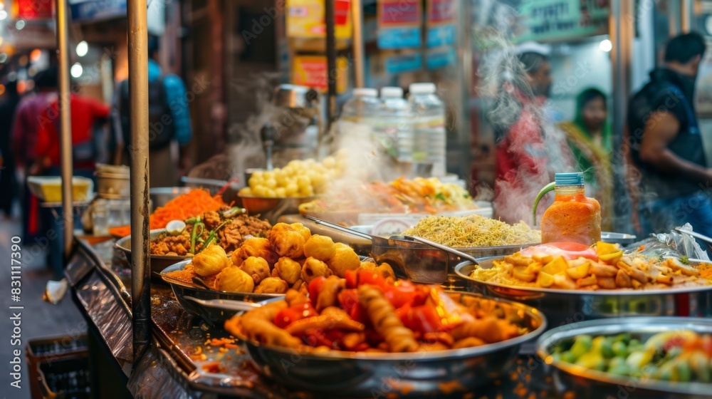 Colorful Indian street food stall with vendors serving popular snacks ...