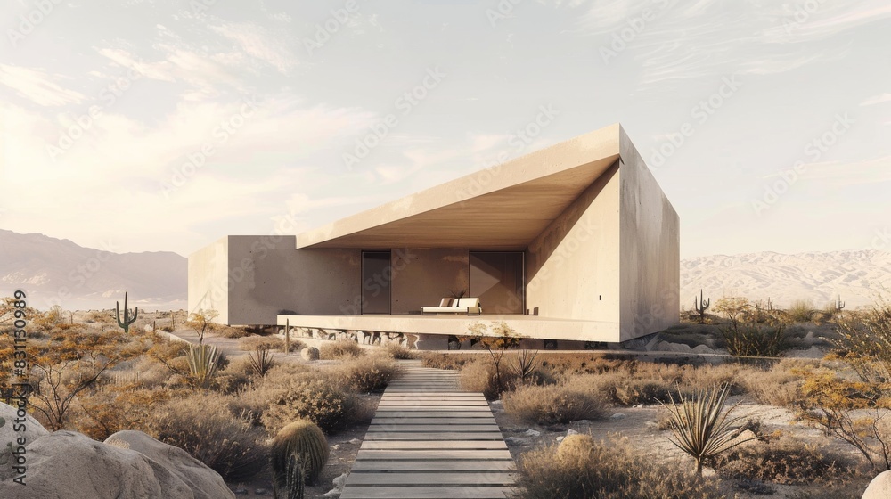 Exterior view of a minimalist desert house, with angular architecture ...