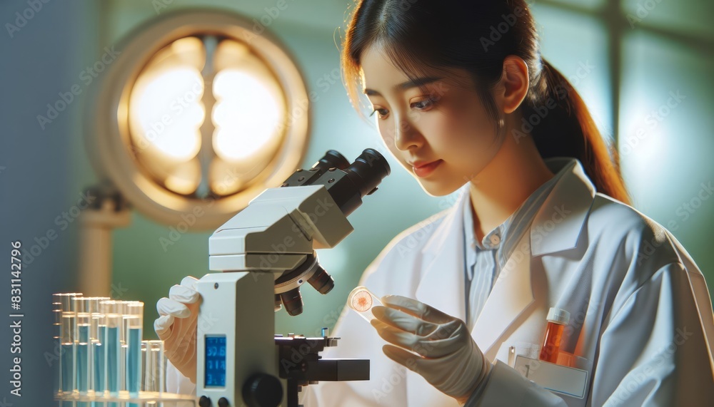 Female scientist conducting laboratory experiment with test tubes in ...