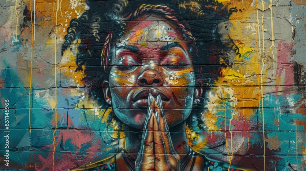 Bold Graffiti-Style Mural of a Black Woman Praying in a Tranquil Garden ...