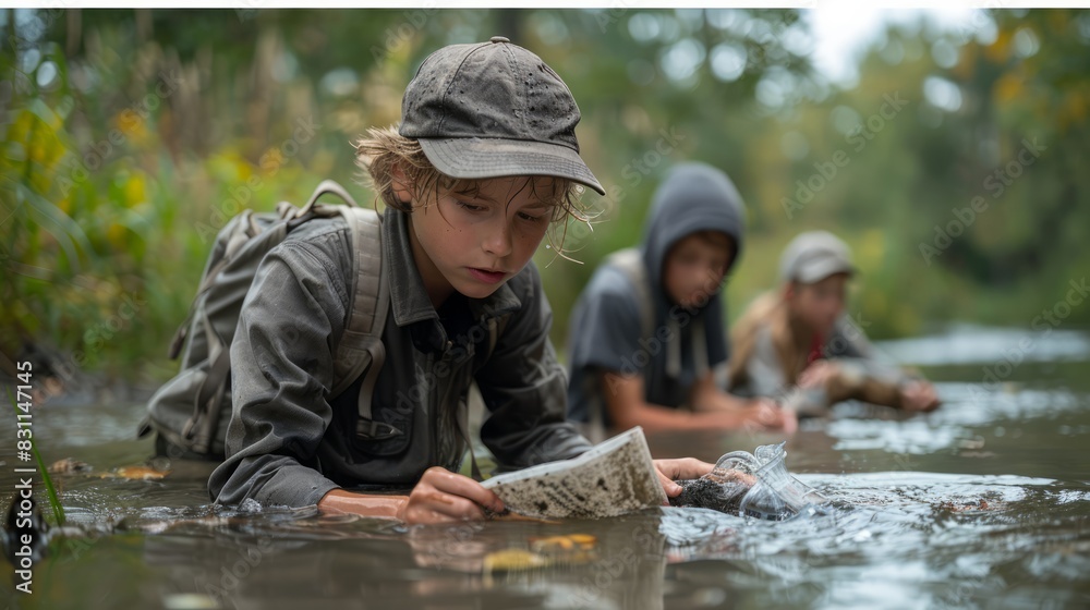 Students conducting a river water quality test, learning about ...