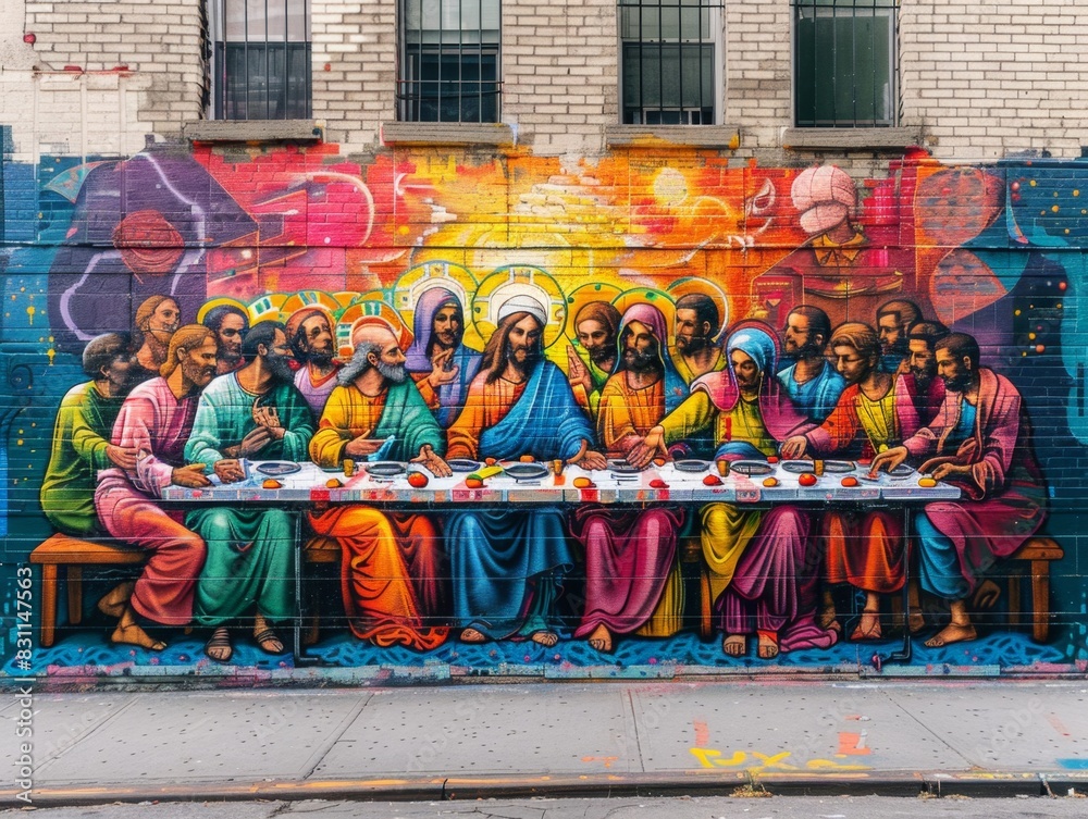 Bold Graffiti-Style Mural of Urban Last Supper with Diverse Disciples ...