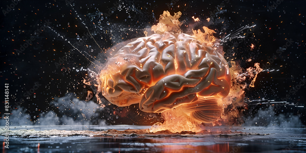 Brain with colorful powder explosion on a dark background Mental health ...