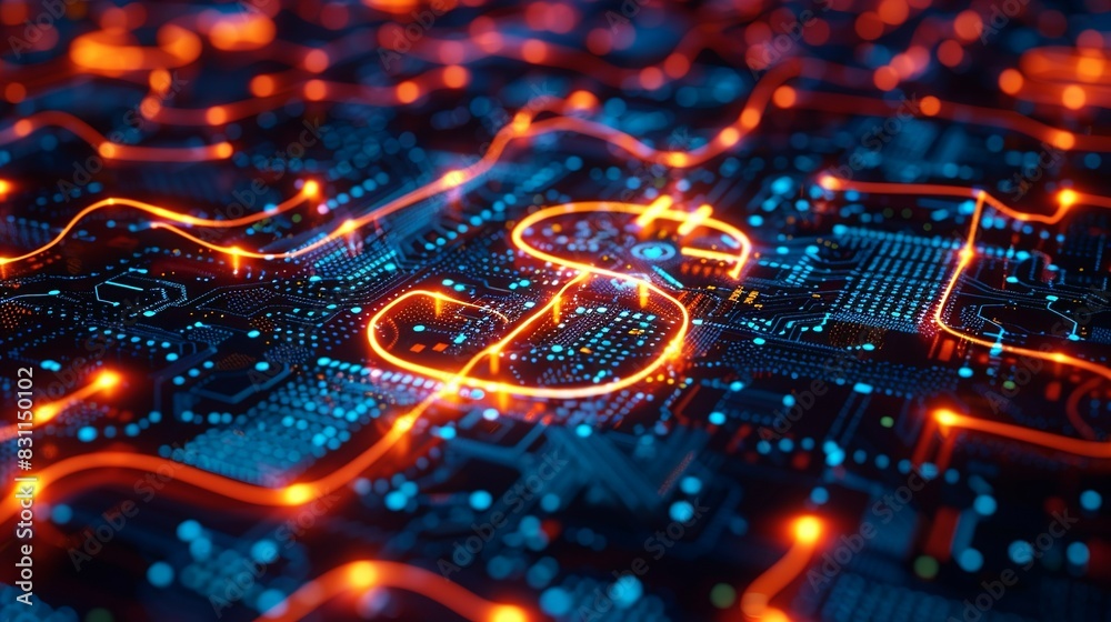 A digital landscape with circuit-like pathways leading to a central ...