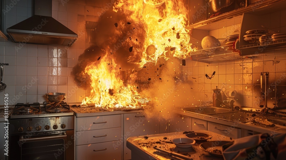 Intense flames consume a domestic kitchen, highlighting the dangers of ...