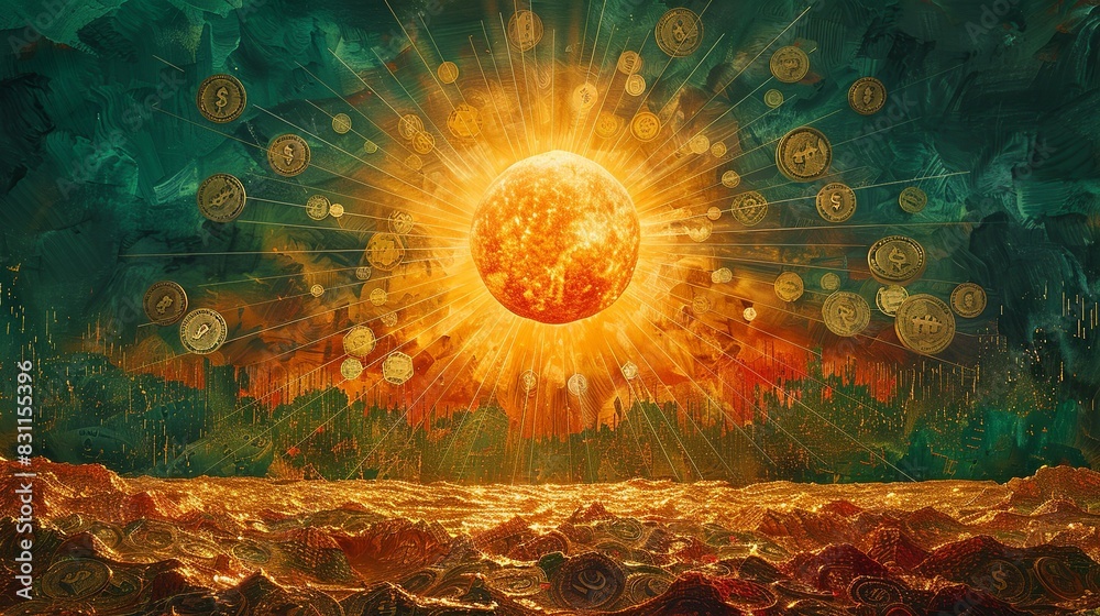 A radiant sun with rays made of different currency symbols, shining ...