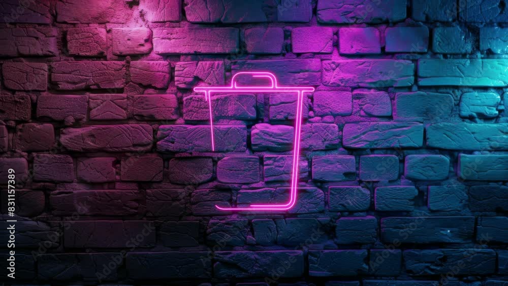 Video footage of Pink glowing Trash Icon neon on brick wall background ...