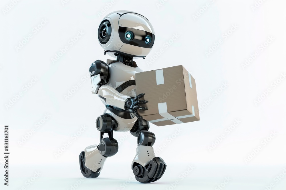 Robot depicted carrying a box on a plain white background. Concept ...