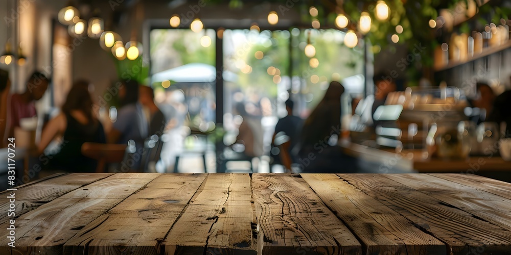 People in a coffee shop background with an empty wood table top for ...
