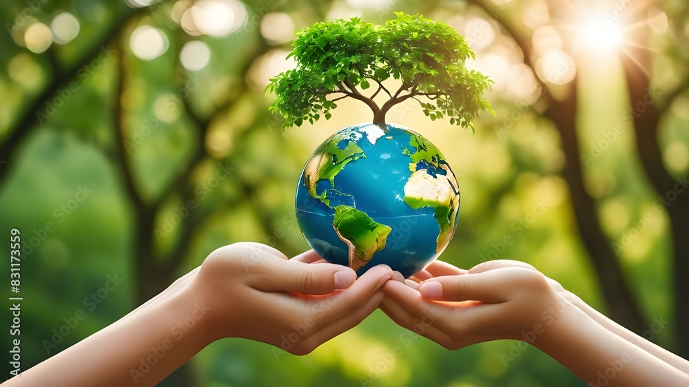 Concept image for World Environment Day: Two human hands holding a ...