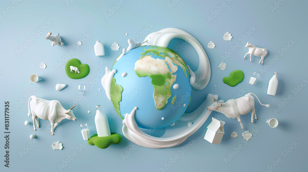 3D illustration of Earth with cows, milk splashes, and greenery, World ...