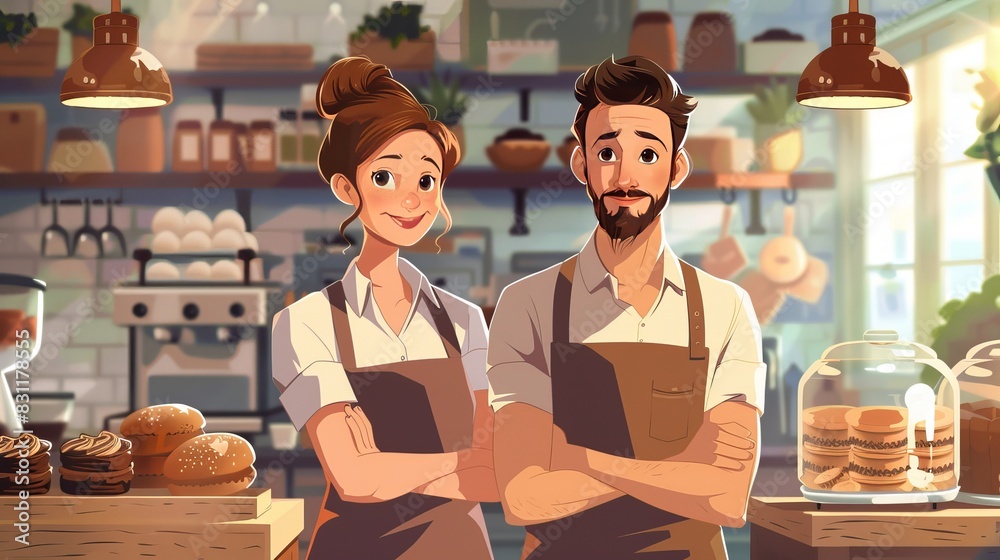 Cartoon image of a male and female baker standing together in a bakery ...