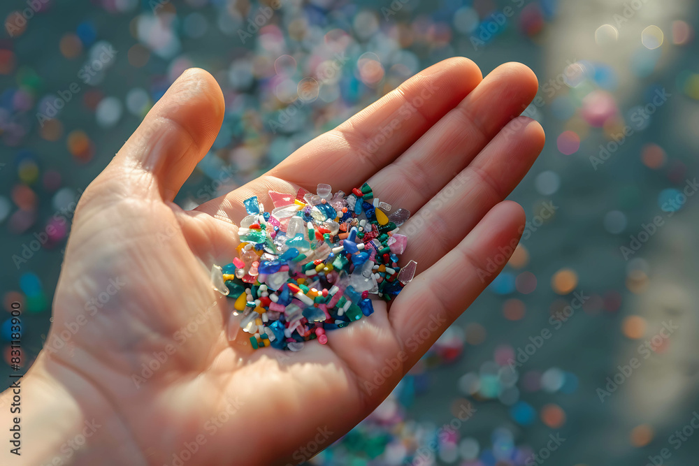 Hand holding plastic waste or microplastic, the amount of plastic waste ...