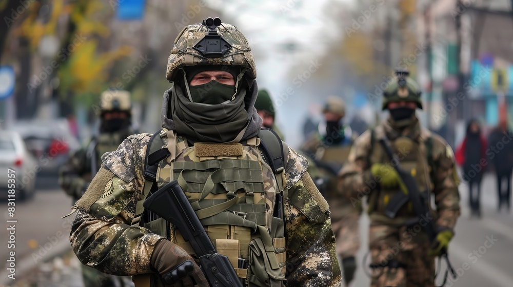 Soldiers in tactical gear patrol an urban area, offering a dense ...