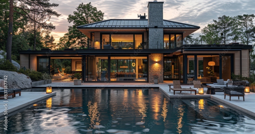 A large two-story house with a gable roof, panoramic windows and wooden ...