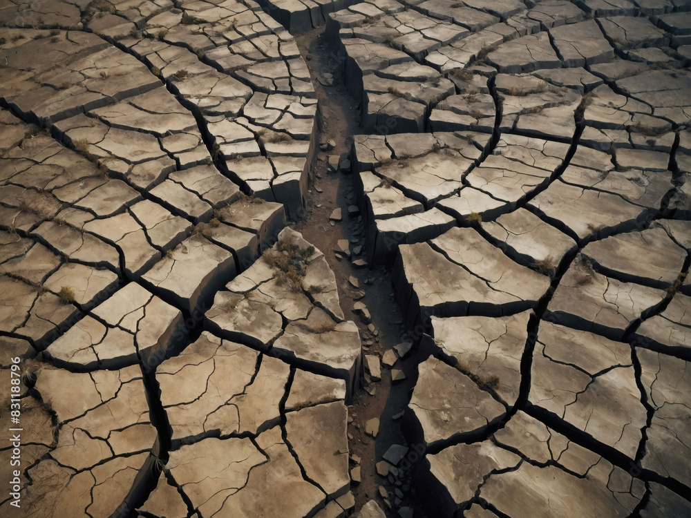 Bird's-eye view of fissured terrain, illustrating the aftermath of ...