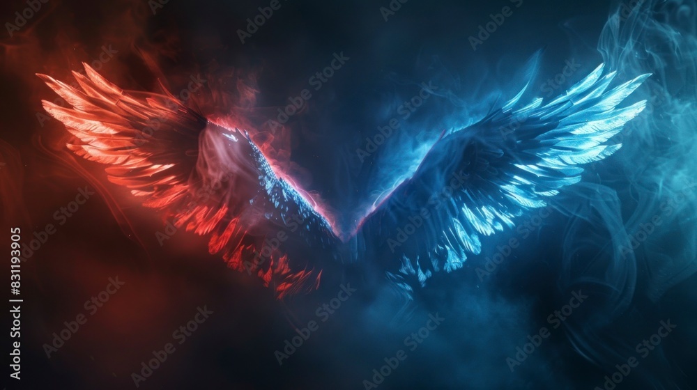 big half red half blue wings on black background with haze Stock ...