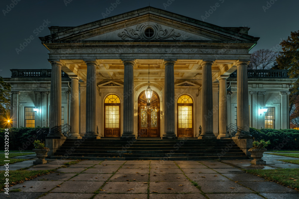 Neoclassical Building Illuminated at Night with Warm Interior Lighting ...