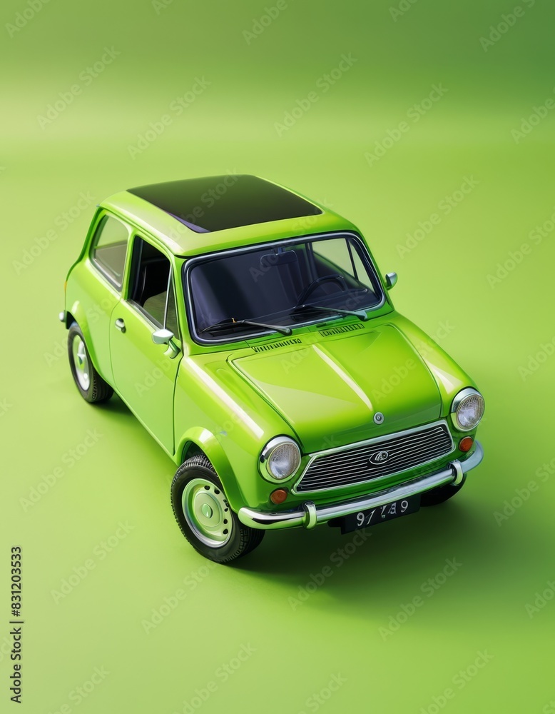 Compact lime green mini car showcased from a front angle on a vivid ...