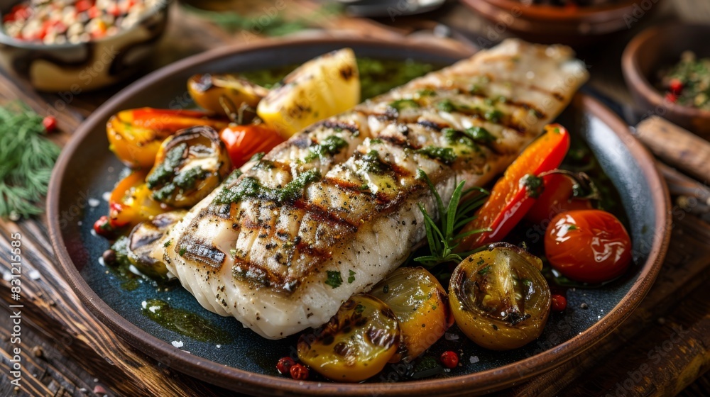 Grilled fish fillets served with roasted vegetables and chimichurri ...