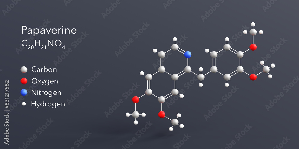 papaverine molecule 3d rendering, flat molecular structure with ...