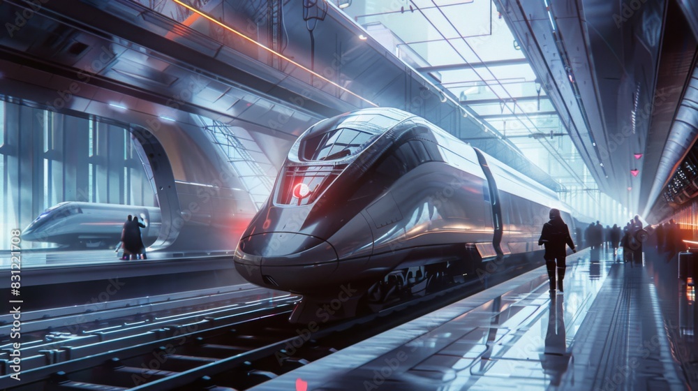 High-speed train arriving at a futuristic station, with sleek ...