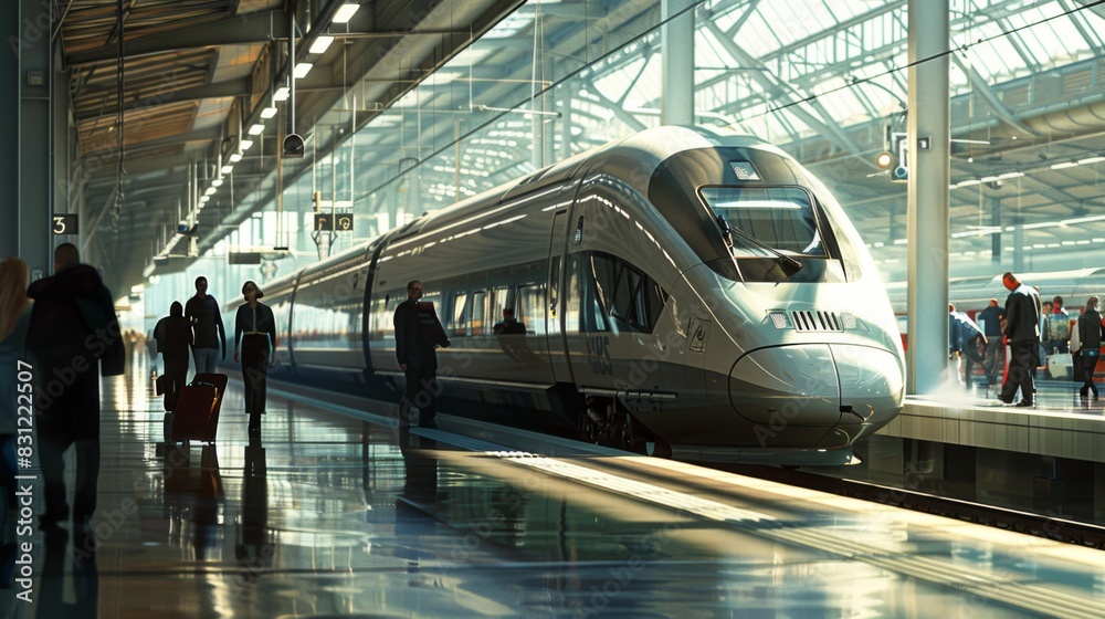 High-speed train at a bustling station platform, with commuters ...