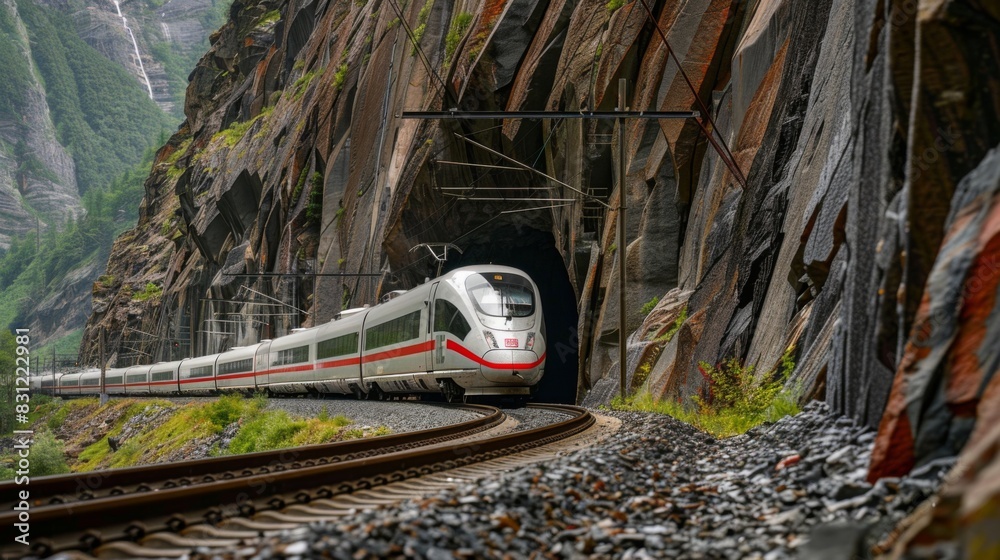 High-speed train entering a tunnel through a mountain, showcasing ...