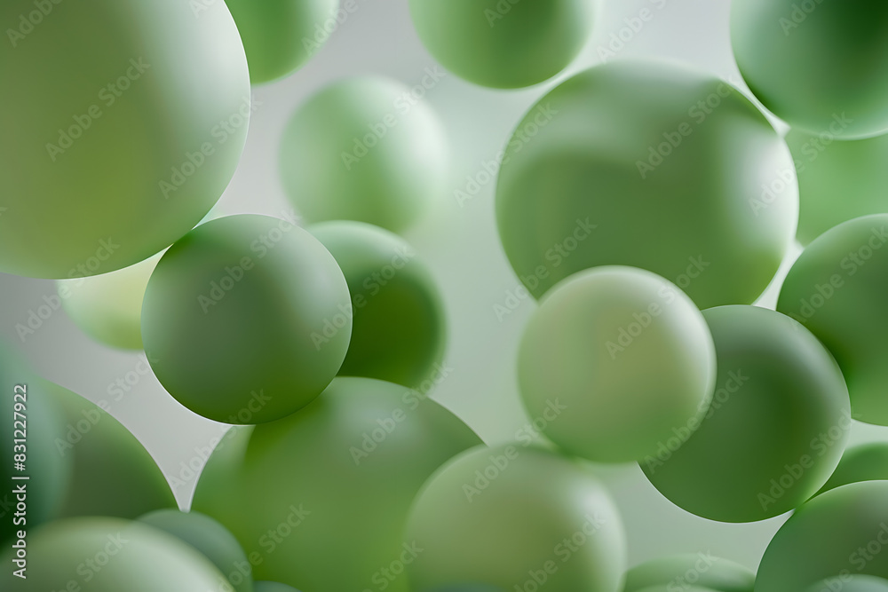 green spheres touching eachother and deforming, various and shades of ...