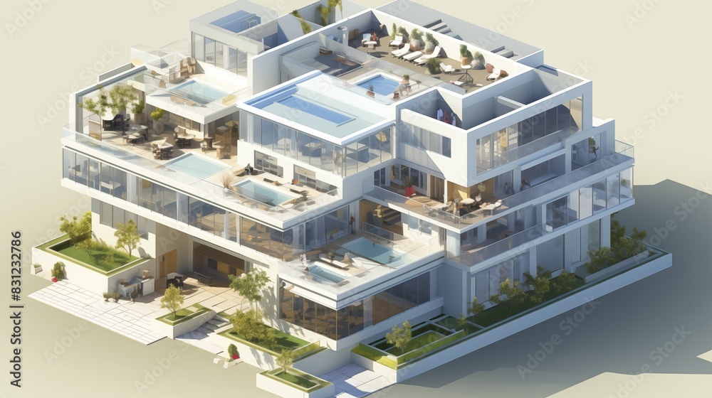 High-Detail Isometric Residential Block with Roof Terraces Stock ...