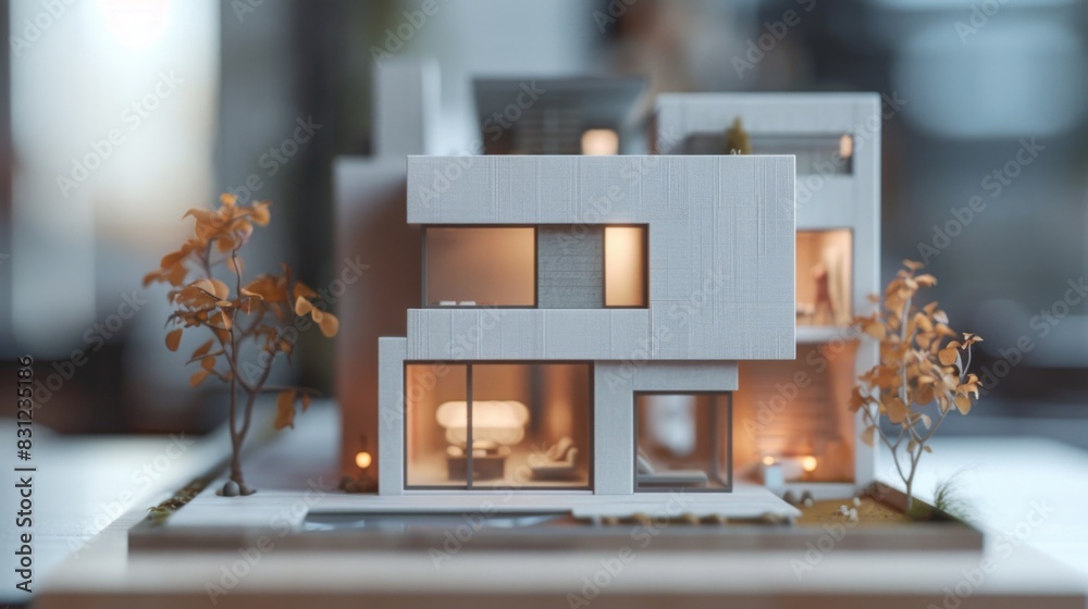 Miniature model of a minimalist townhouse, featuring a compact design ...