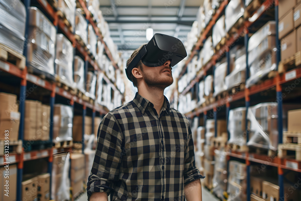 Warehouse worker using a virtual reality headset to visualize logistics ...