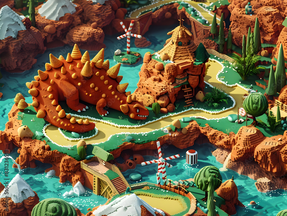 Humorous Pixel Art: Stegosaurus Navigating Mini-Golf Course with Ramps ...