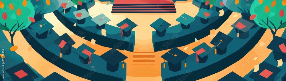 Graduation stage flat design top view celebration cartoon drawing ...