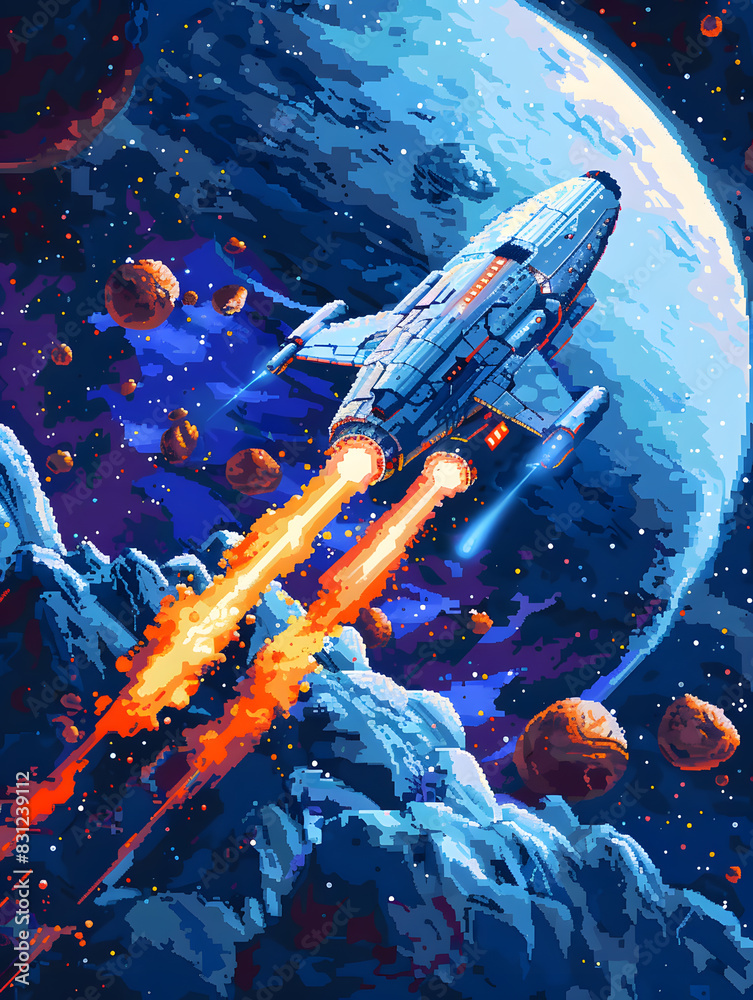 Pixel Art Spaceship Blasting off from Pixelated Planet, Soaring Towards ...