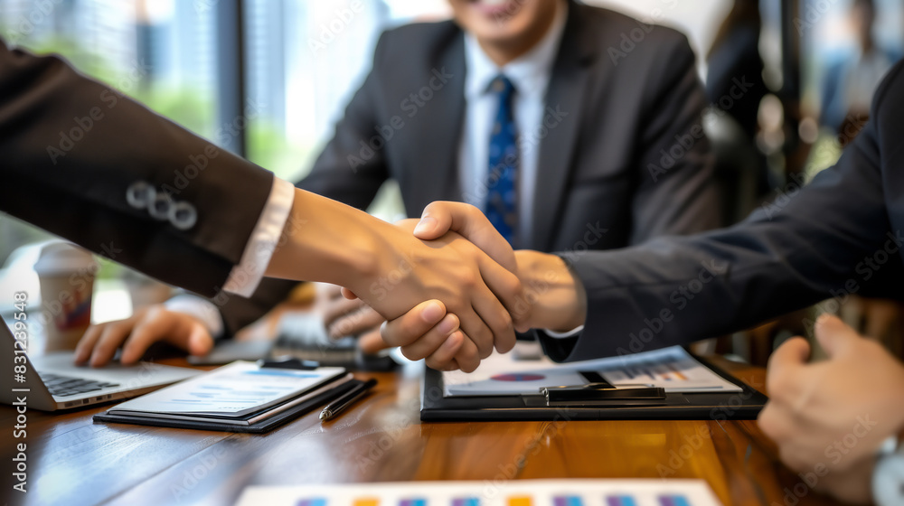 Business men in suits taking a handshake after making an investment ...